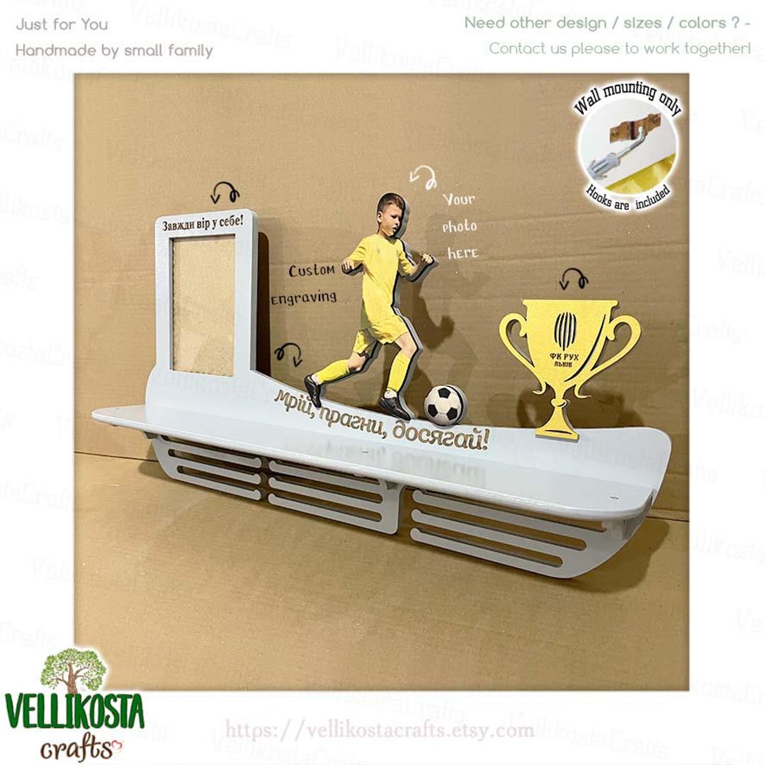 Personalized Wooden Medal Holder Shelf – Football Soccer Trophy Display ...