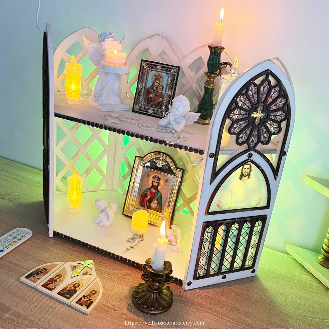 Wooden Iconostasis Shelf: Cathedral Altar Stained Acrylic Glass Icon ...