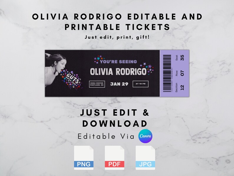 Olivia Rodrigo Ticket Template, Printable Guts Tour Tickets for Gifting ...