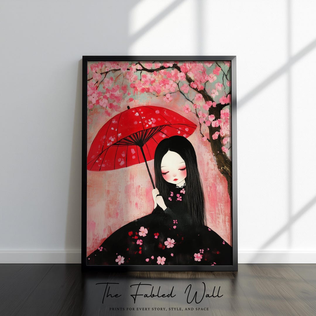 Sakura Girl Wall Art | Blossom Umbra | Printable Wall Art | Pink Red ...
