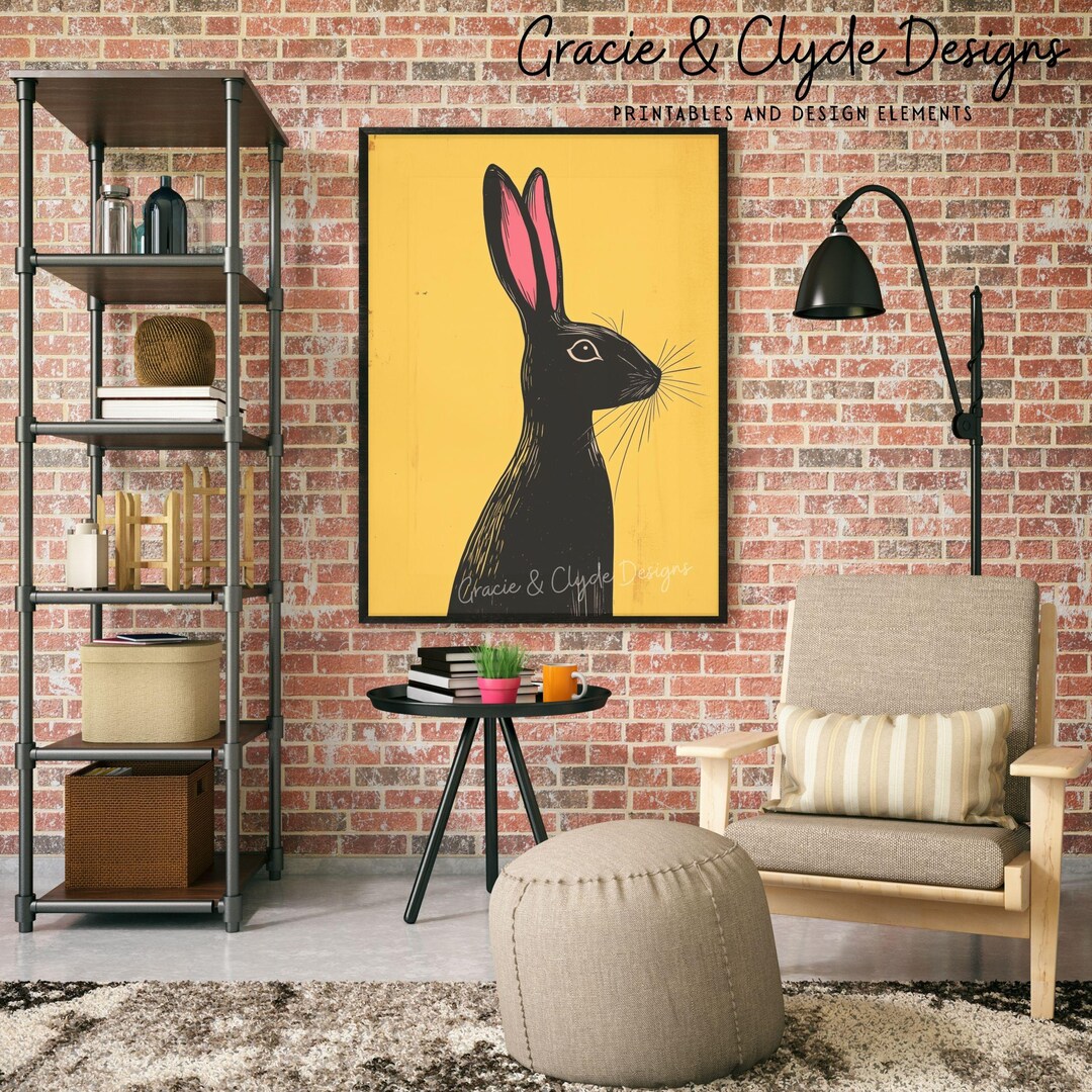 Retro Black Rabbit Poster Print, Whimsical Rabbit, Rabbit Art, Wall Art ...
