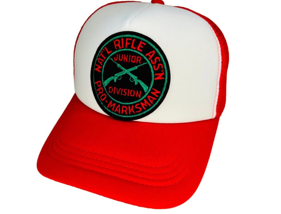 Vintage NRA Pro Marksman Junior Division Felt Patch Ca. 1950s on NEW White and Red Trucker Hat ...