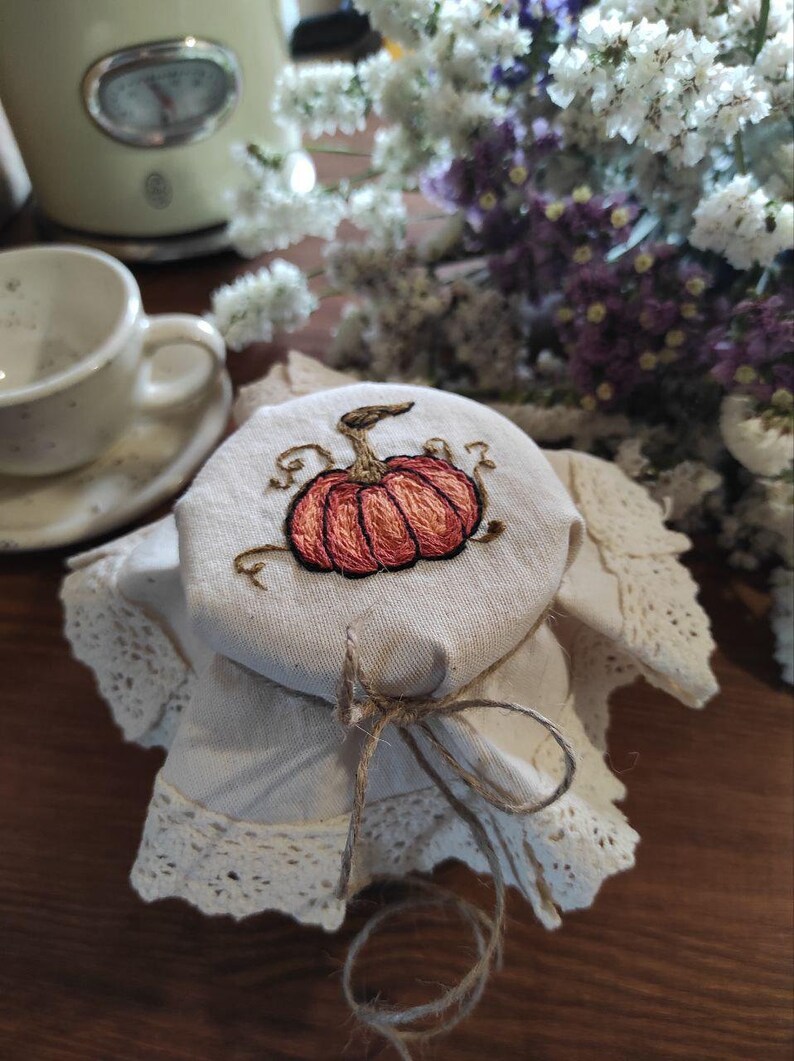 Retro Hand Made Embroidered Pumpkin Jar Cover. Cottagecor Home Decor ...
