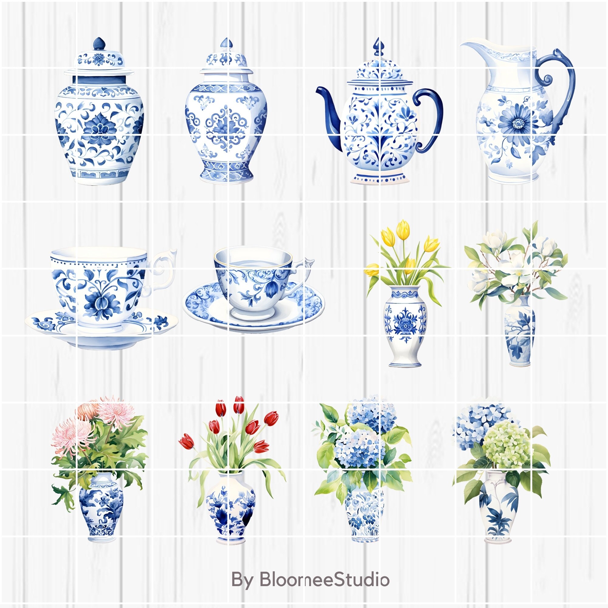 Chinoiserie Blue Jars,watercolor Clipart,watercolor Ginger Jars ...