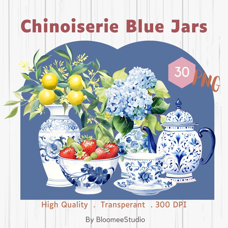 Chinoiserie Blue Jars,watercolor Clipart,watercolor Ginger Jars ...