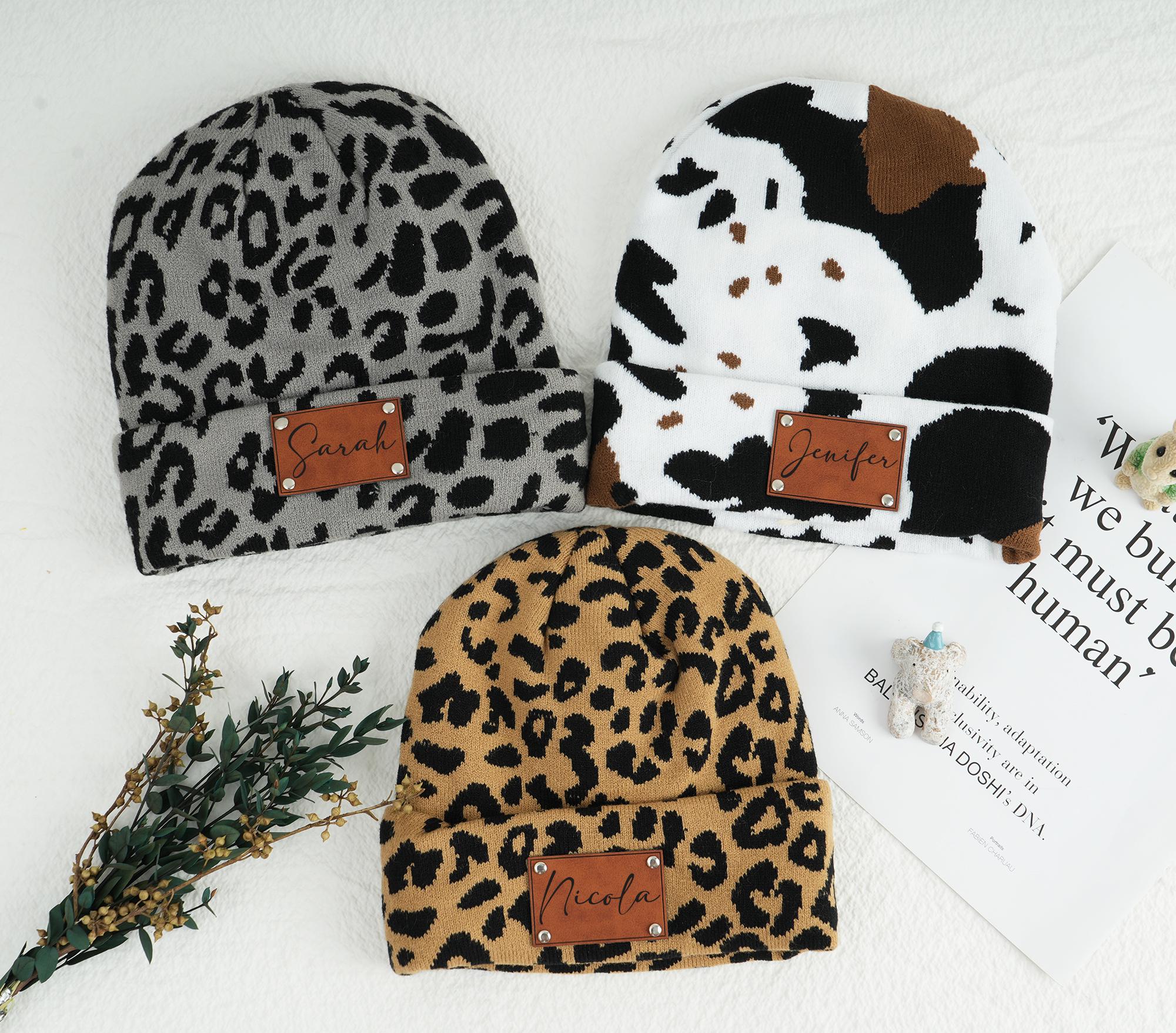 Cow Print Knit Beanie: Thermal Winter Hat With Leather Label - Etsy