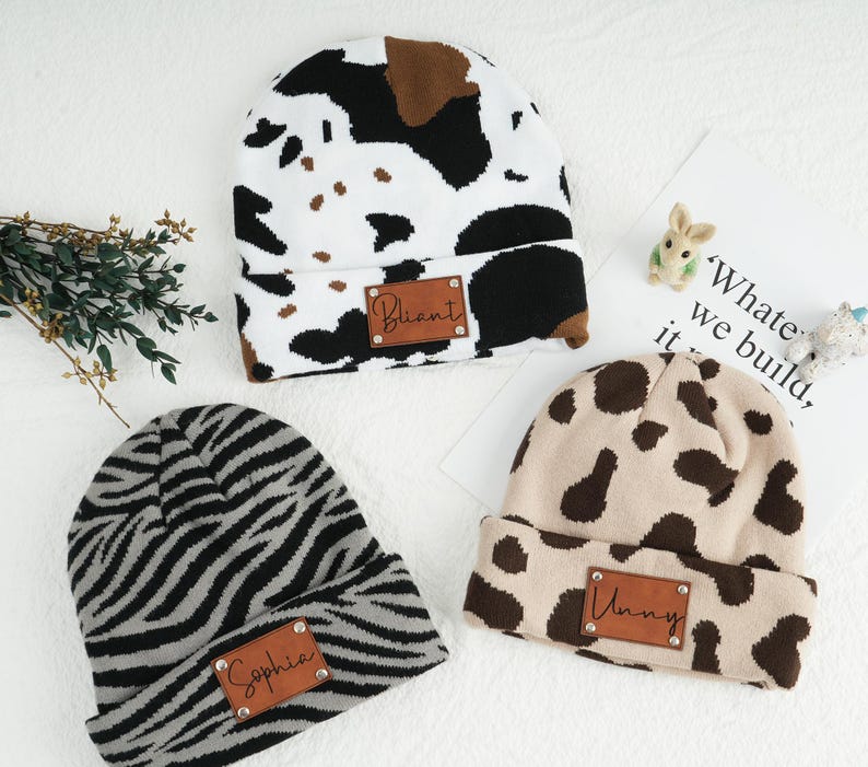 Cow Print Knit Beanie: Thermal Winter Hat With Leather Label - Etsy