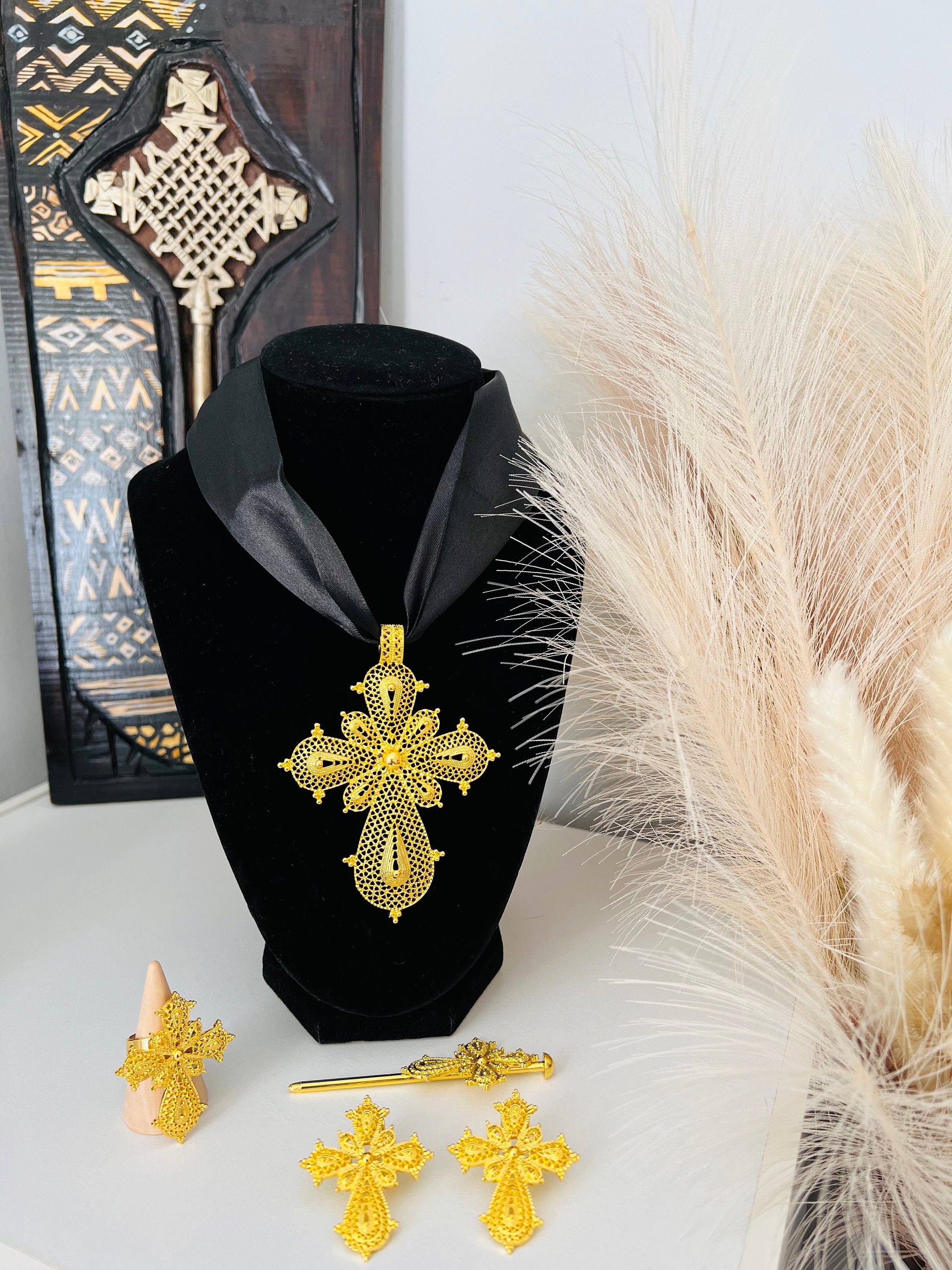 Gold Plated Cross Jewelry Set - Ethiopian/eritrean Holiday, Wedding ...