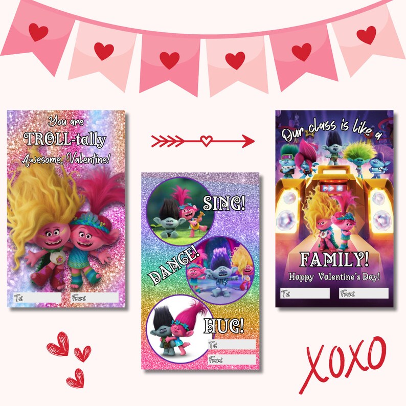 Trolls Valentine's Day Cards, Kids Classroom Valentines, Printable ...