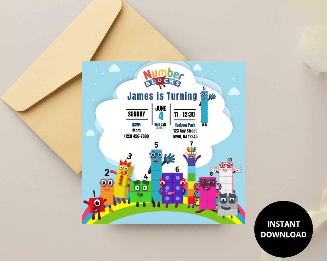 Fun Number Blocks Party Invites, Kids Birthday Invitations, Digital ...