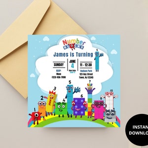 Fun Number Blocks Party Invites, Kids Birthday Invitations, Digital ...