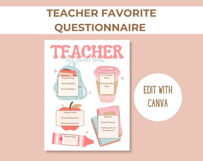 Teacher Favorites Questionnaire Back to School Printable for Parents ...