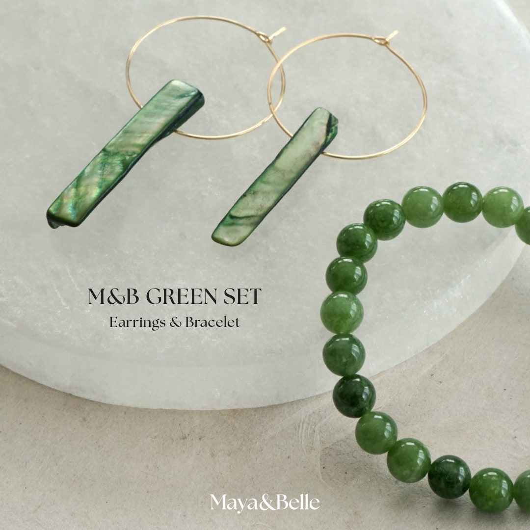 M&B Green Set: Jade Bracelet + Green Mother of Pearl Earrings - Etsy