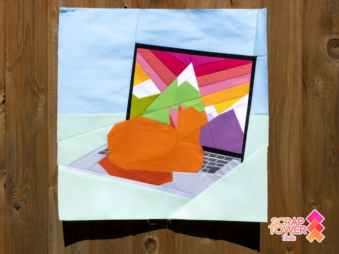 Big Laptop Kitty Quilt Block Pattern 24x24" Foundation Paper Piece FPP ...