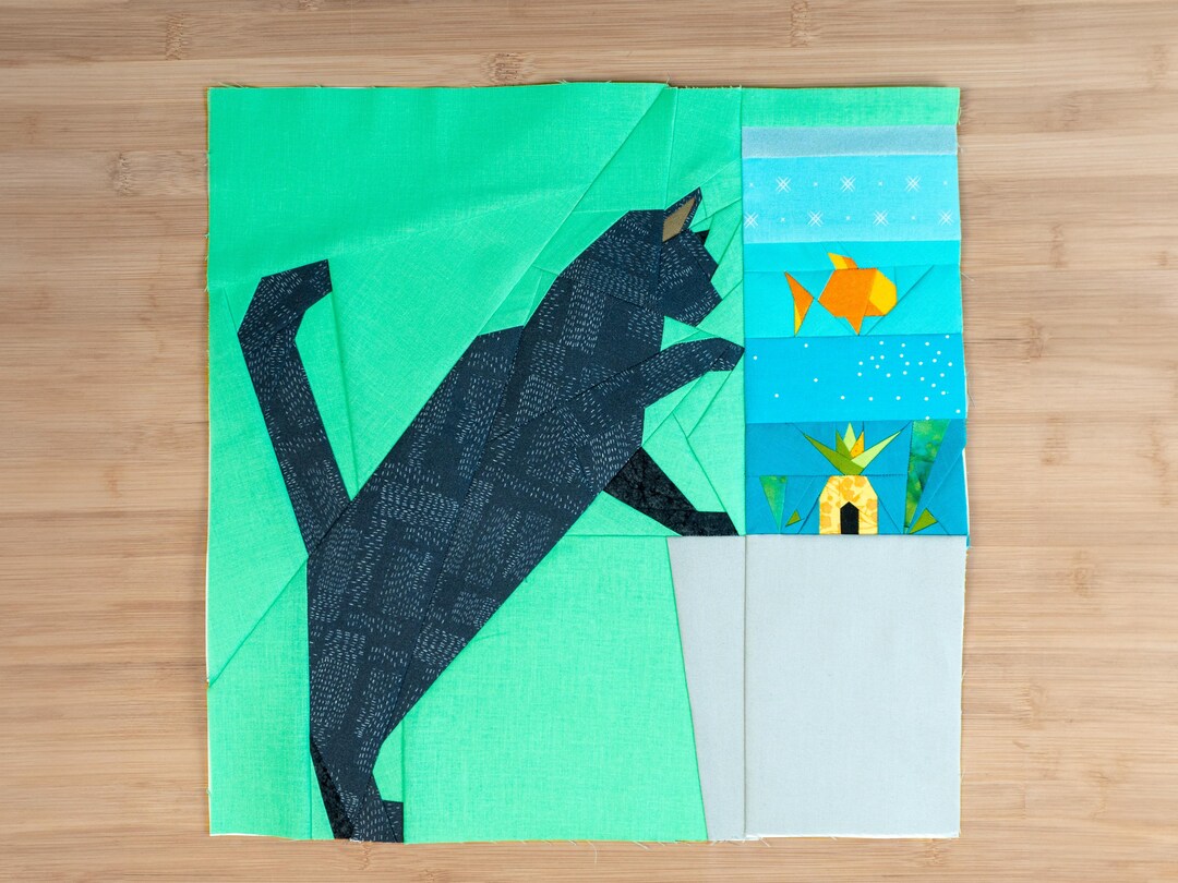 Aquarium Kitty Quilt Block Pattern Foundation Paper Piece FPP Square ...
