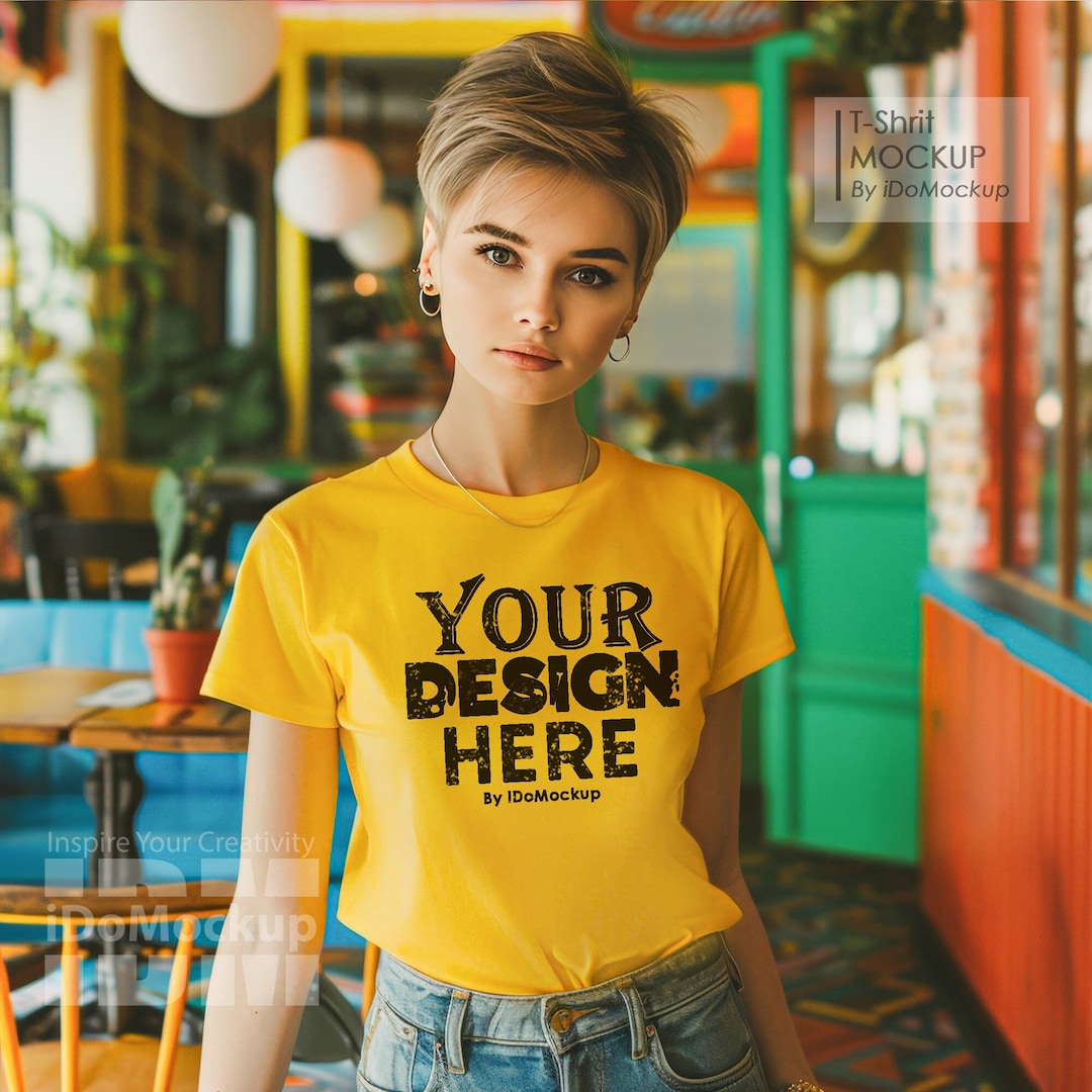 Gold Yellow Bella Canvas 3001 Mockup, Female Model Tshirt Mockup ...