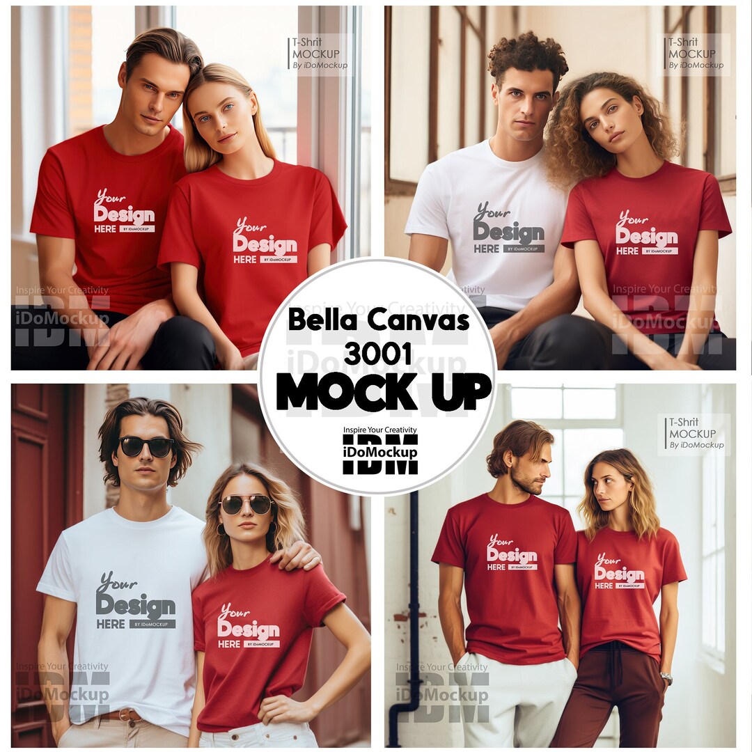 Couple Red Bella Canvas 3001 Tshirt Mockup, Couple White Red Simple ...