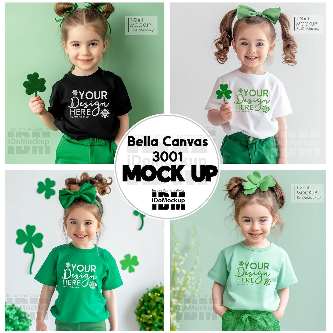 Kids St Patricks Day Tshirt Mockup, Kids Bella Canvas 3001 White, Black ...