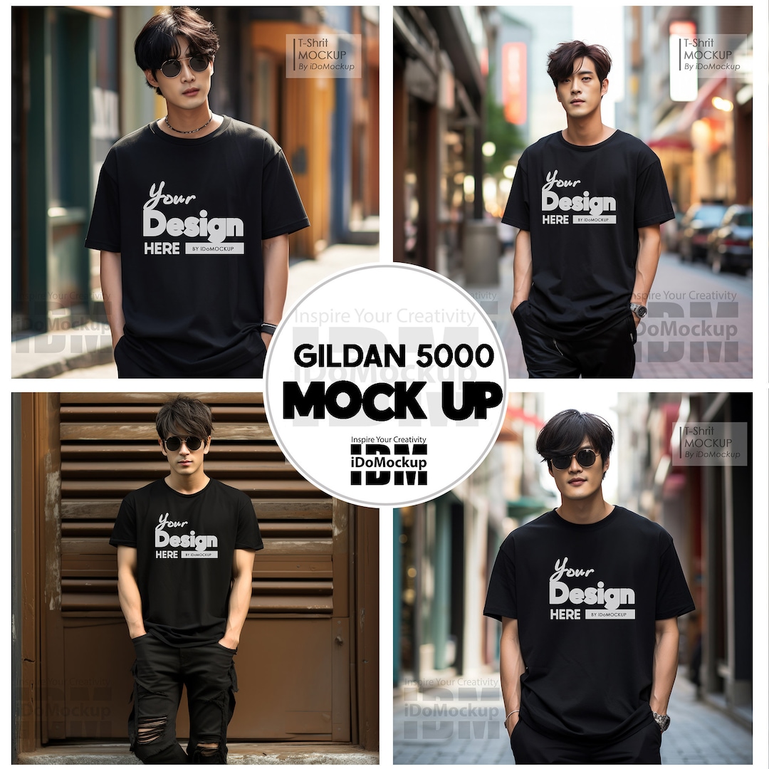 Gildan 5000 Mock Up, Set 4 Male Model Tshirt Mockup, Black T-shirt ...
