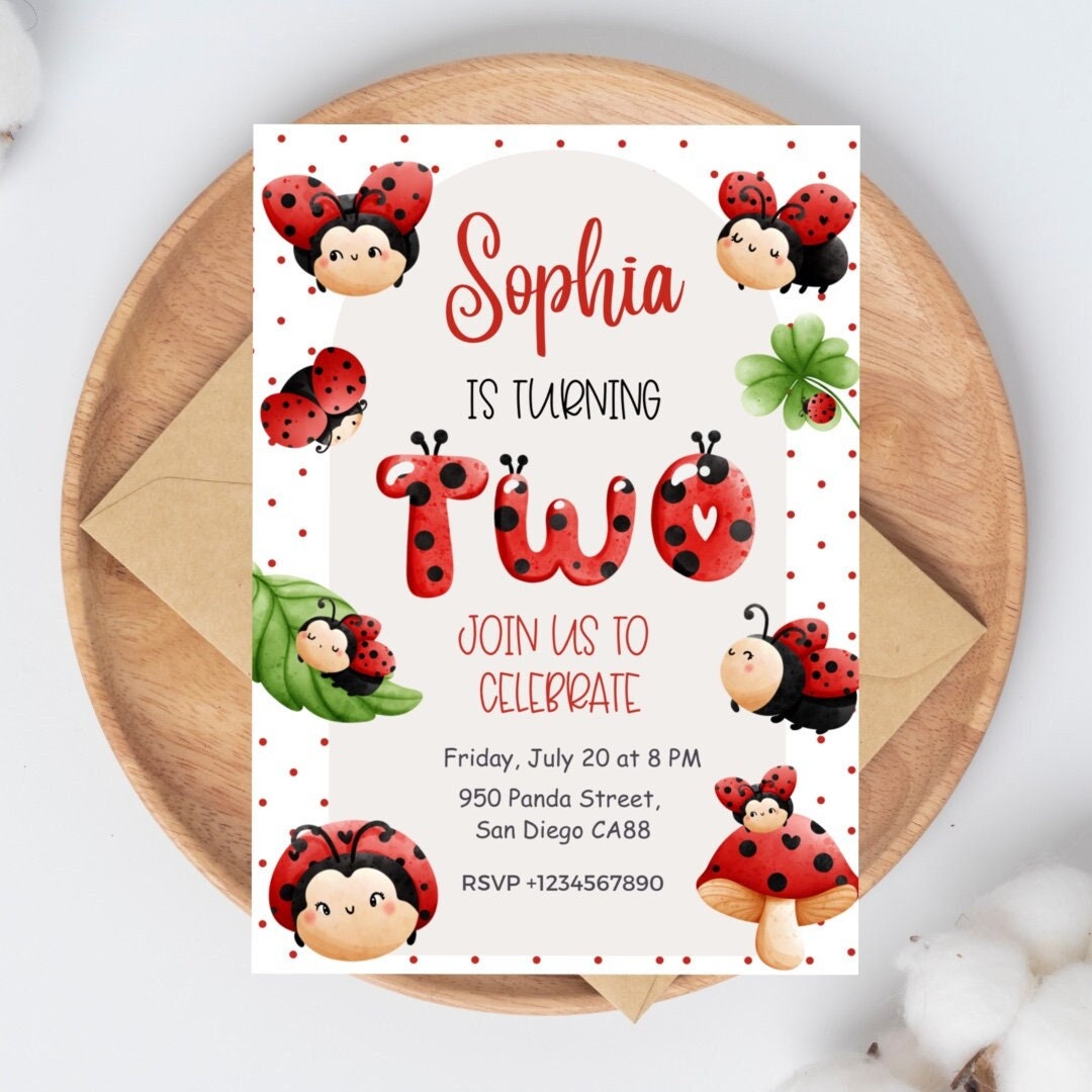 Ladybug Two Birthday Party Invitation, Girls 2nd Birthday Party ...