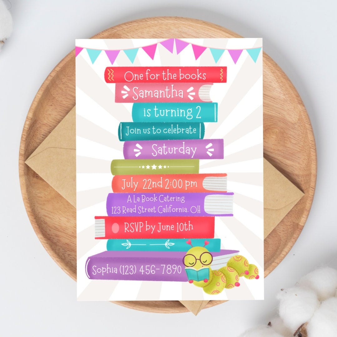 Books Library Birthday Invitation Reading Party Invite Girl Book Worm ...