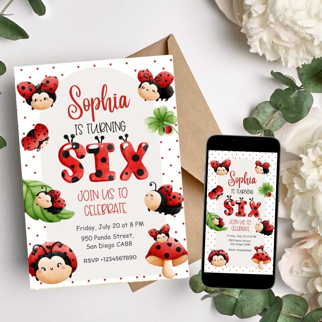 Ladybug Six Birthday Party Invitation, Girls 6th Birthday Party ...