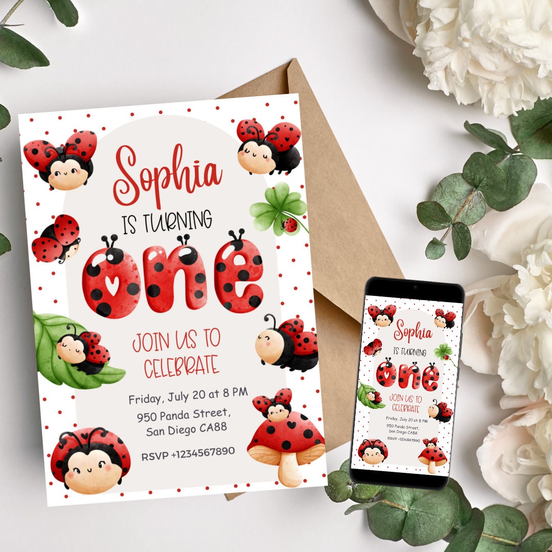 Ladybug First Birthday Party Invitation, Girls 1st Birthday Party ...