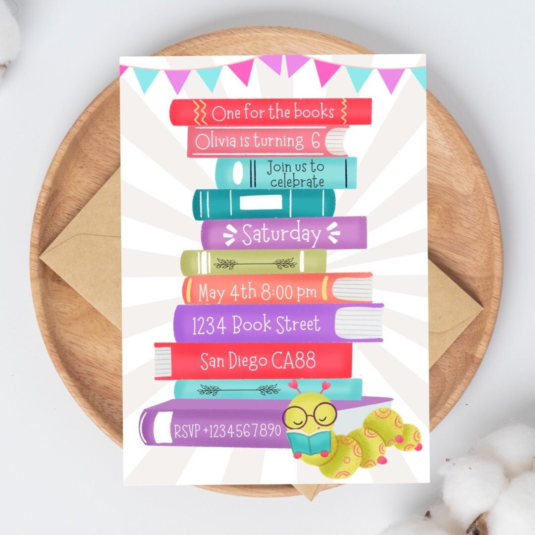 Books Library Birthday Invitation Reading Party Invite Girl Book Worm ...