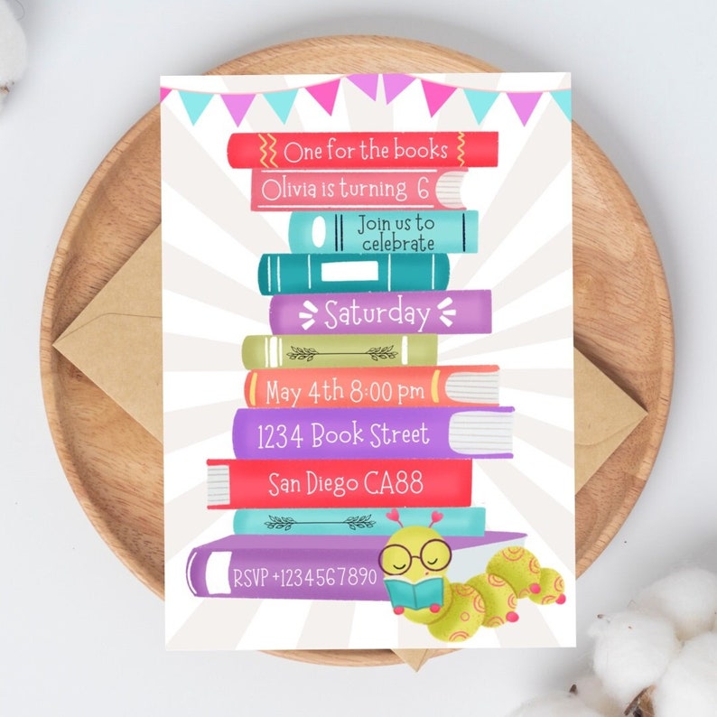 Books Library Birthday Invitation Reading Party Invite Girl Book Worm ...