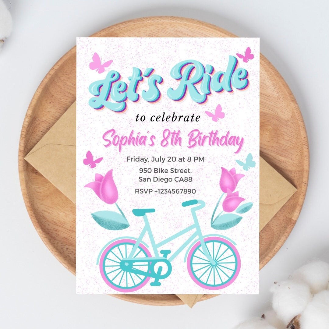 Bicycle Birthday Invitation for Girl Bicycle Birthday Party Invitation ...