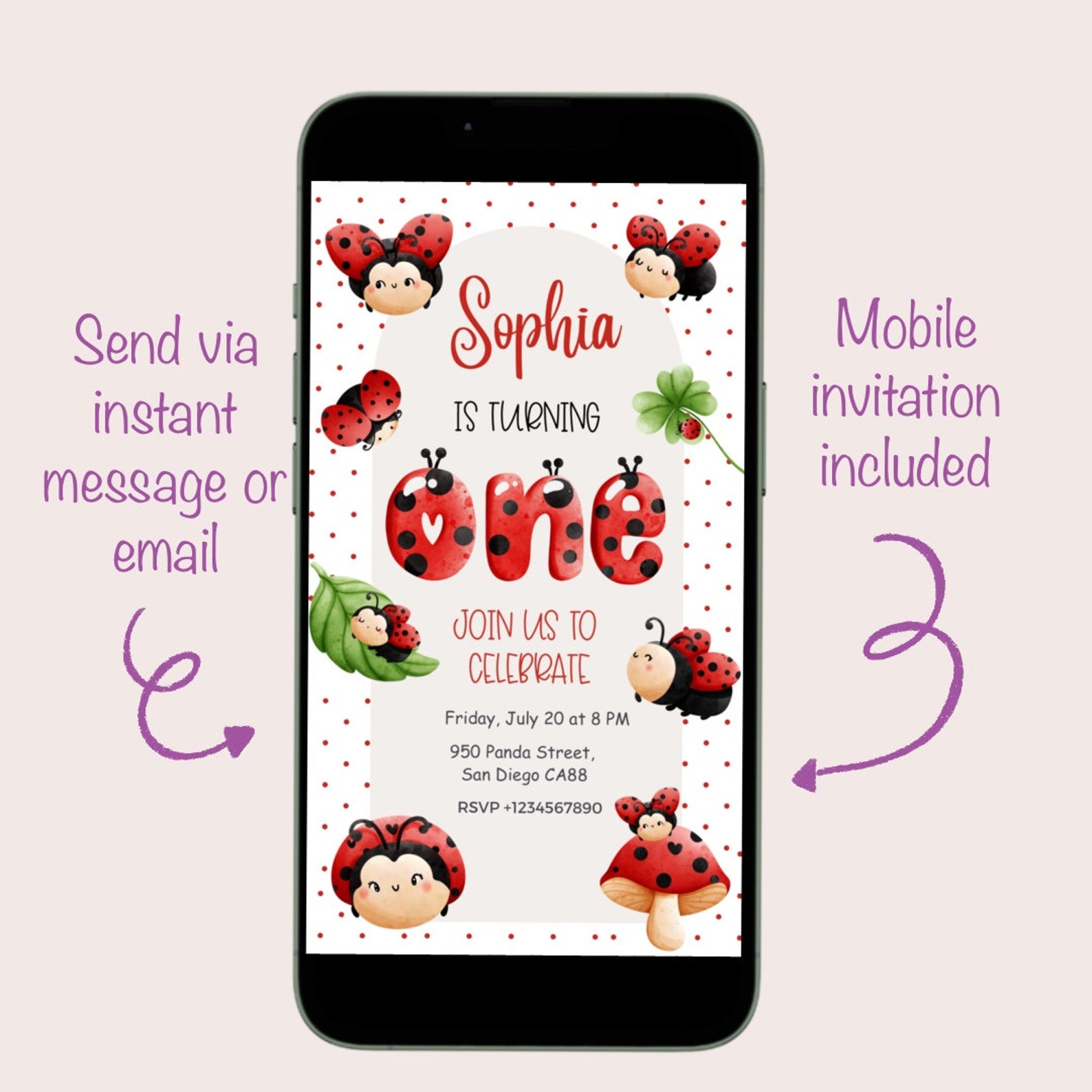 Ladybug First Birthday Party Invitation, Girls 1st Birthday Party ...