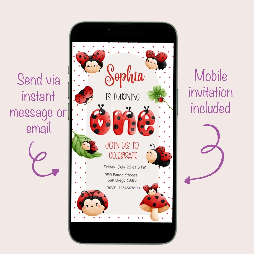 Ladybug First Birthday Party Invitation, Girls 1st Birthday Party ...