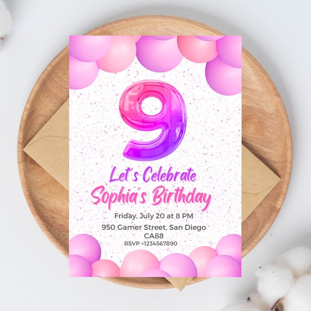 9th Birthday Invitation for Girl Birthday Invite for 9th Years Old With ...