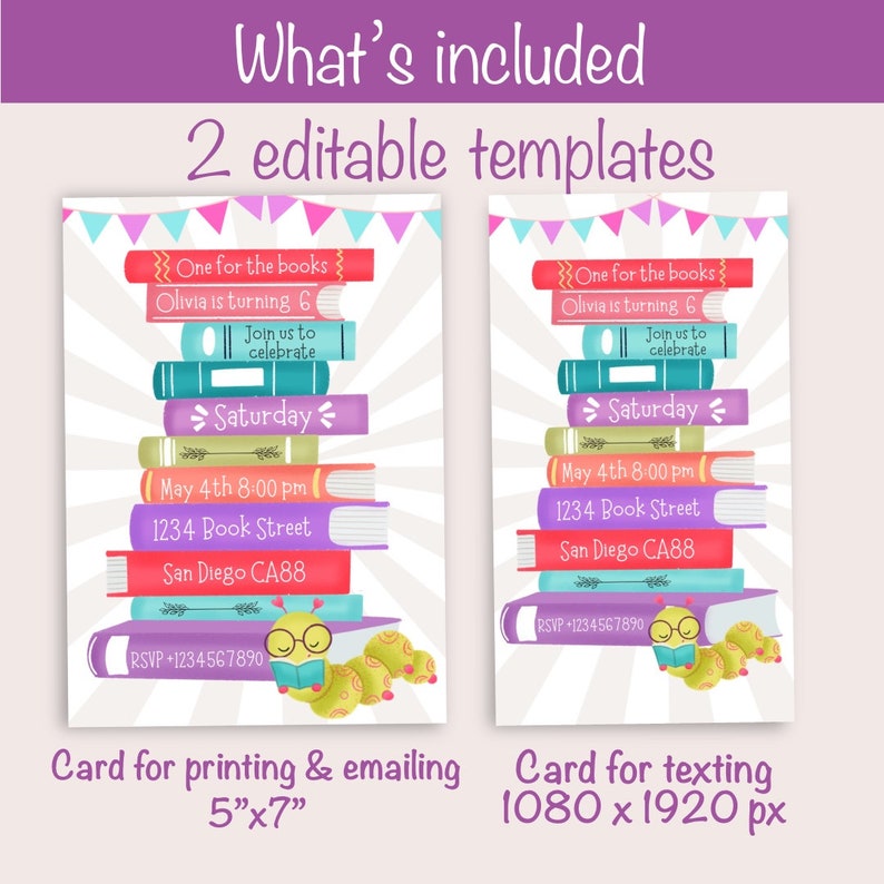 Books Library Birthday Invitation Reading Party Invite Girl Book Worm ...