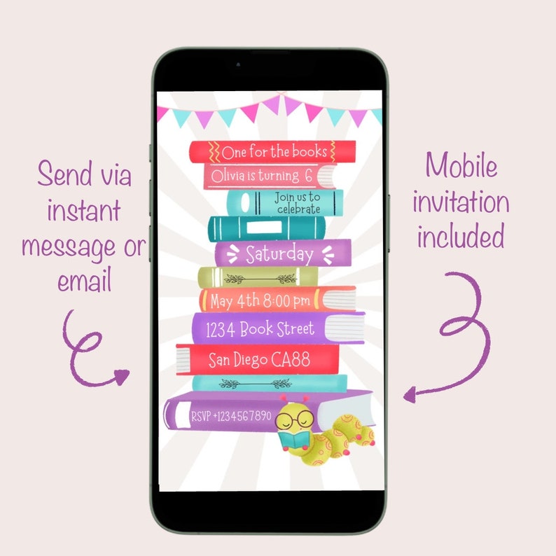 Books Library Birthday Invitation Reading Party Invite Girl Book Worm ...