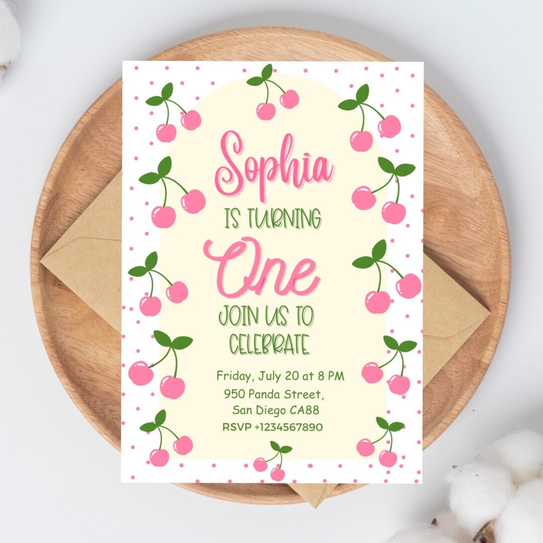 Cherry First Birthday Party Invitation Editable Template Cherries First ...