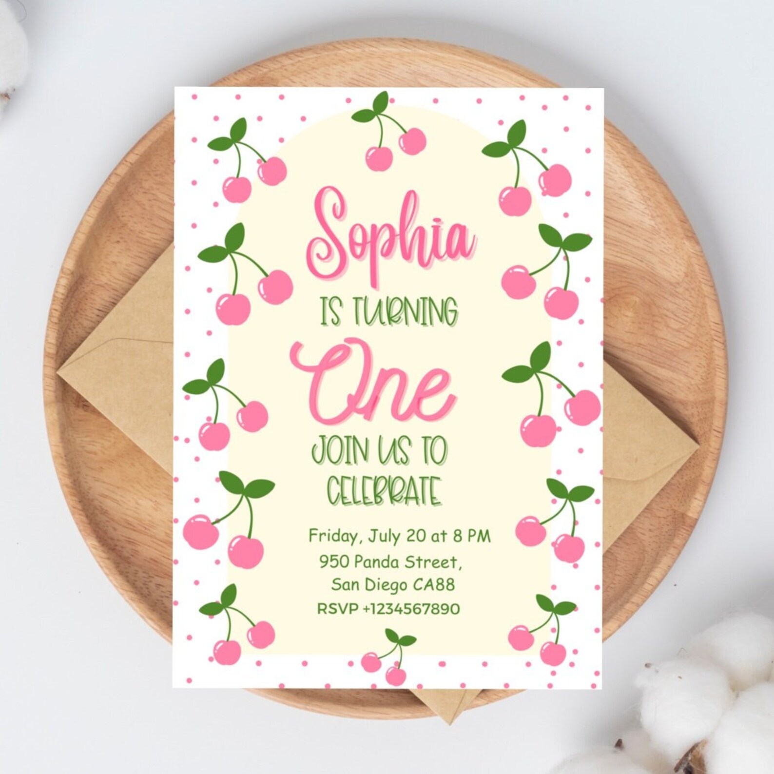 Cherry First Birthday Party Invitation Editable Template Cherries First ...