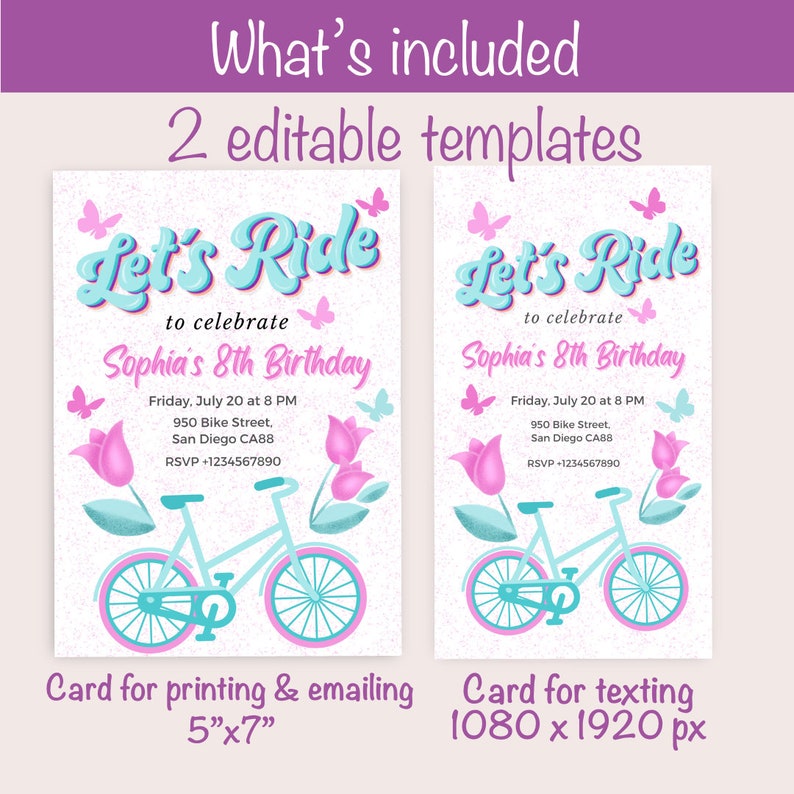 Girl's Bicycle Birthday Invitation, Bike Party Invite (digital Download ...