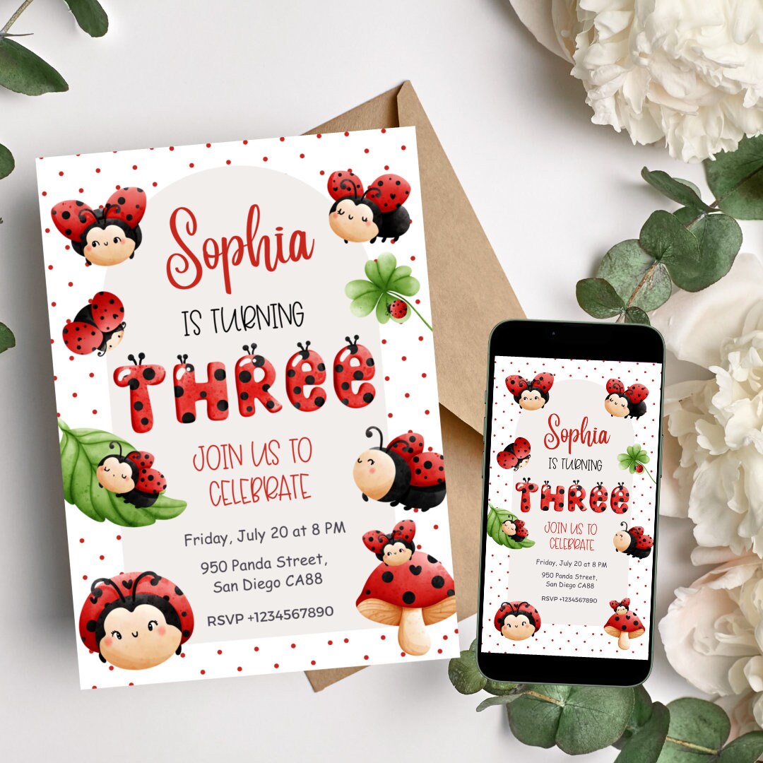 Ladybug 3th Birthday Party Invitation, Girls Third Birthday Party ...