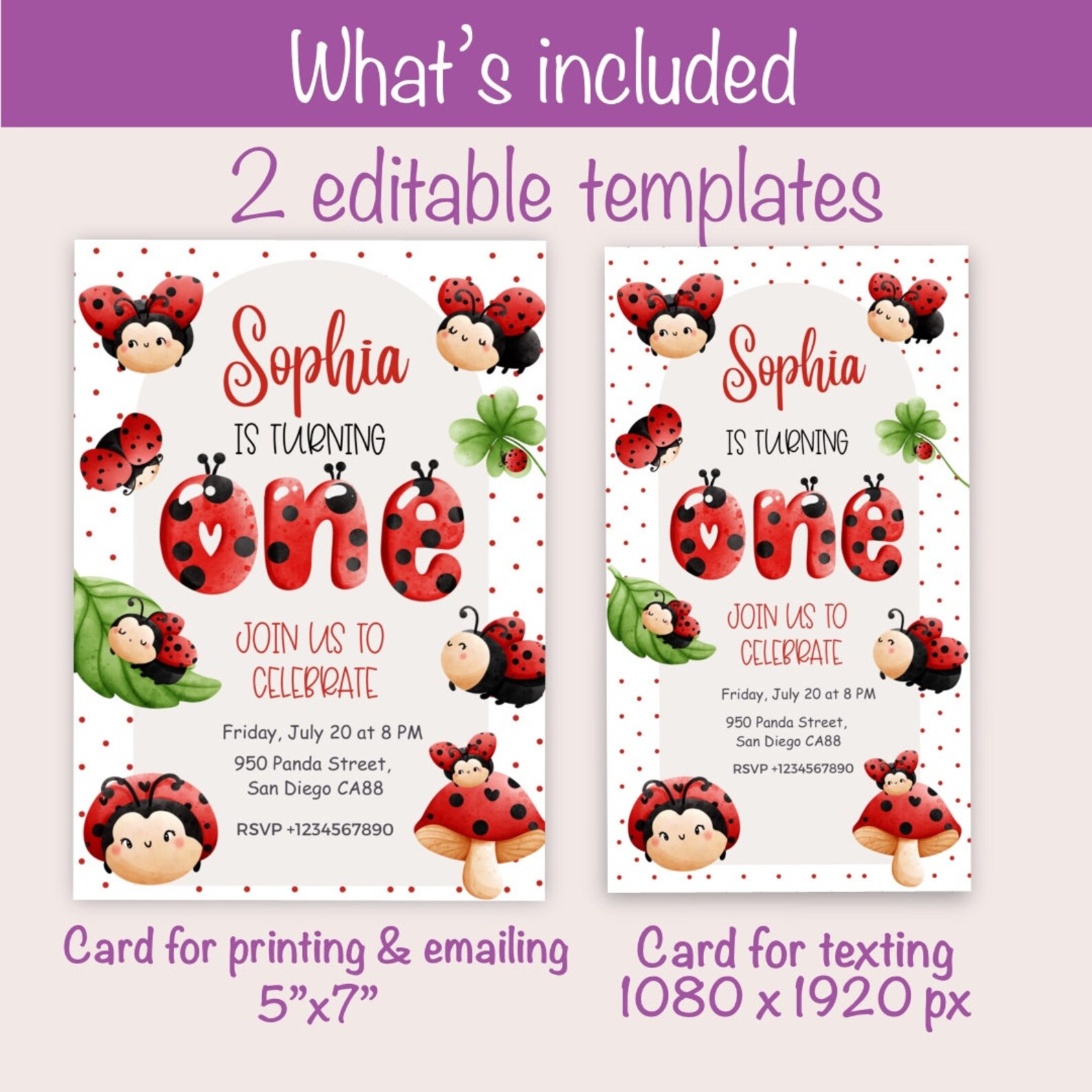 Ladybug First Birthday Party Invitation, Girls 1st Birthday Party ...