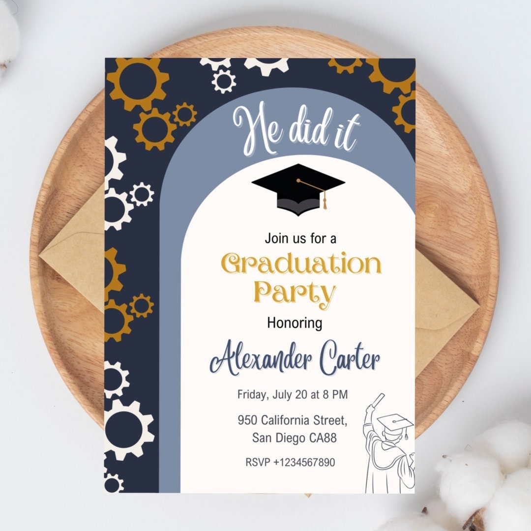 Mechanical Engineering Graduation Announcement in Navy and Gold With ...