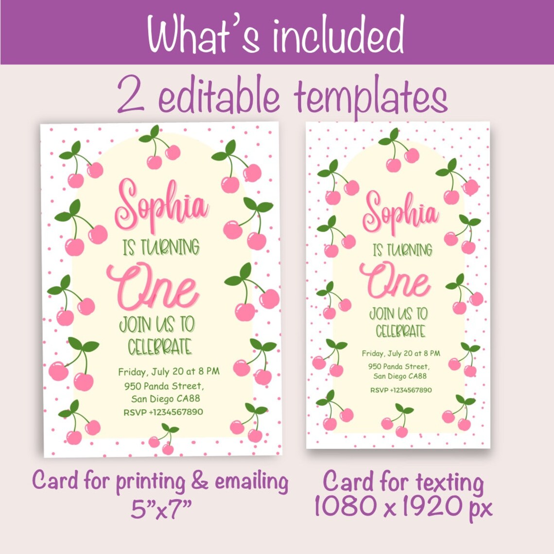 Cherry First Birthday Party Invitation Editable Template Cherries First ...