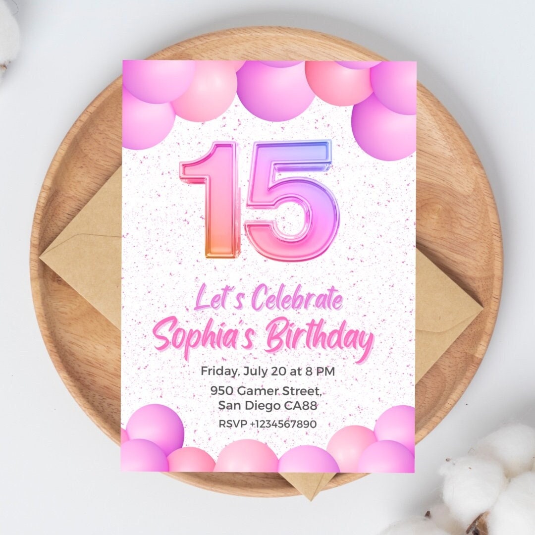 15th Birthday Invitation for Girl Birthday Invite for 15 Years Old With ...