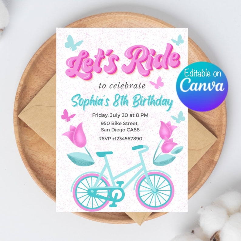 Bicycle Birthday Invitation Template for Girl, Editable & Printable ...