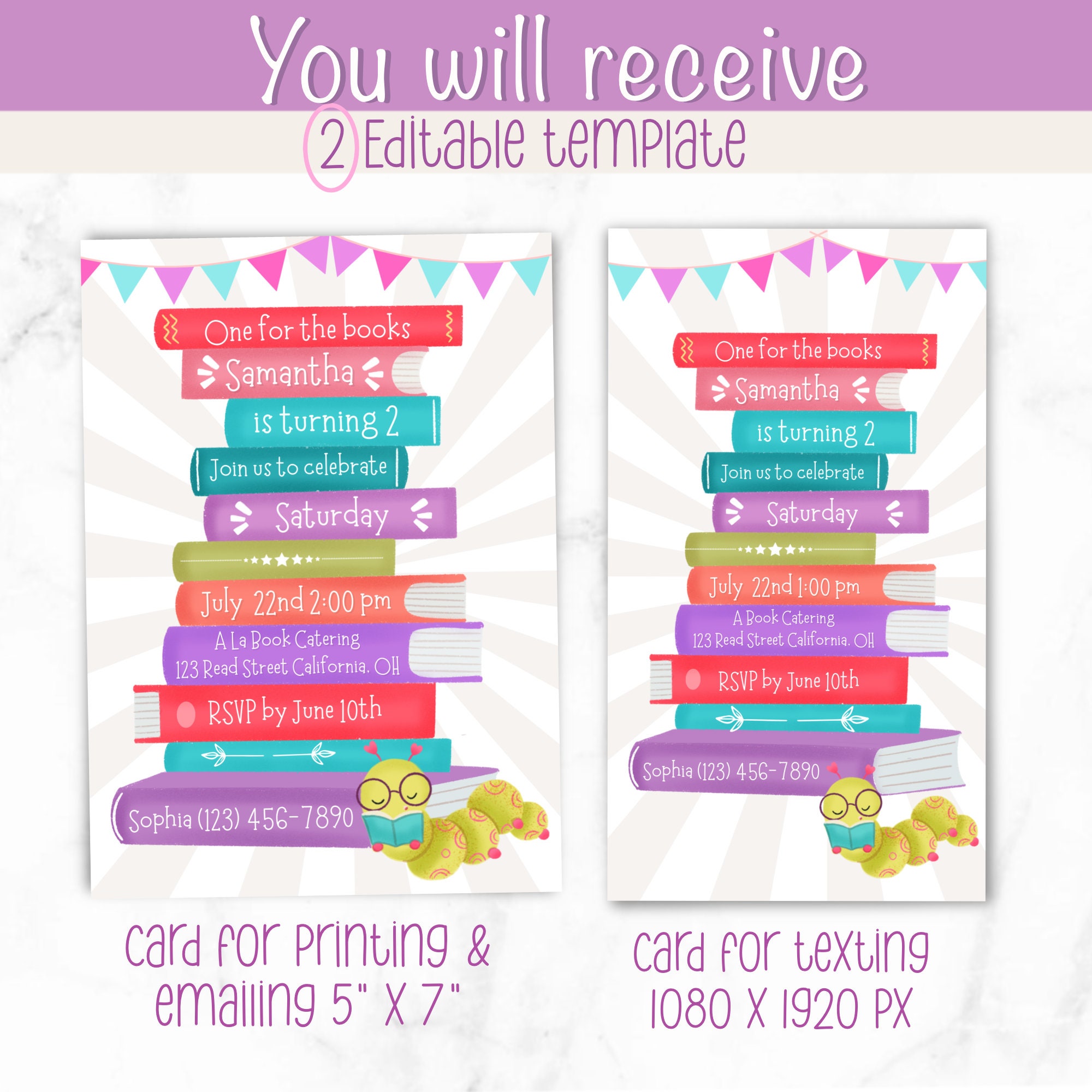 Books Library Birthday Invitation Reading Party Invite Girl Book Worm ...