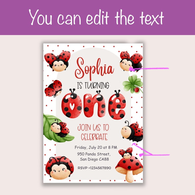 Ladybug First Birthday Party Invitation, Girls 1st Birthday Party ...
