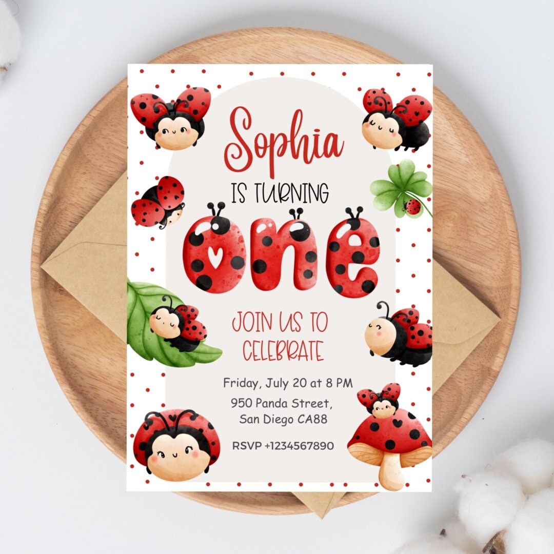 Ladybug First Birthday Party Invitation, Girls 1st Birthday Party ...