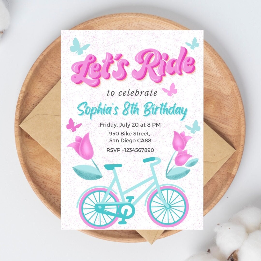 Bicycle Birthday Invitation for Girl Bicycle Birthday Party Invitation ...