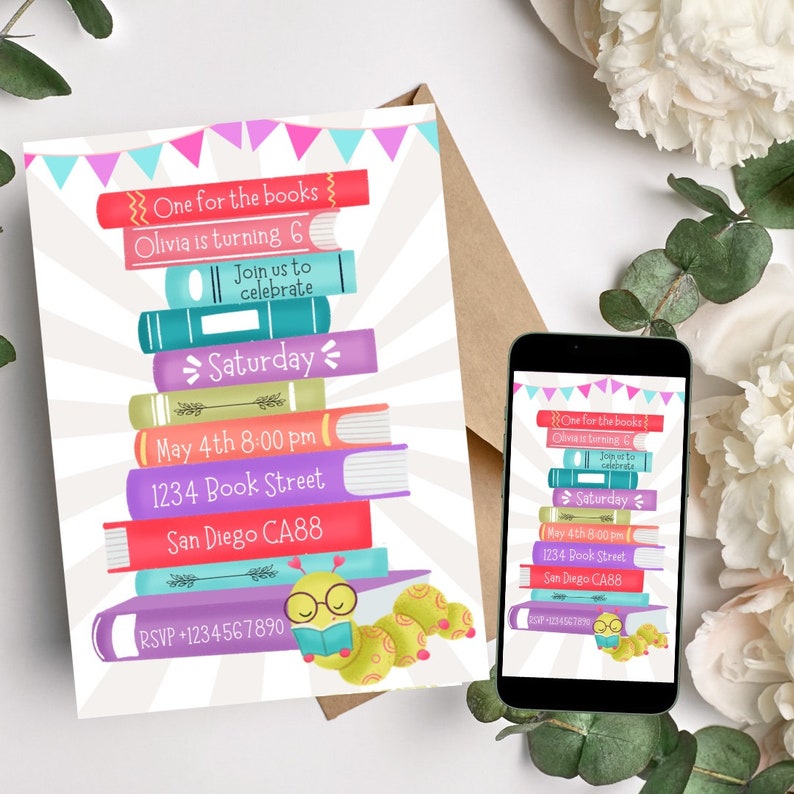 Books Library Birthday Invitation Reading Party Invite Girl Book Worm ...