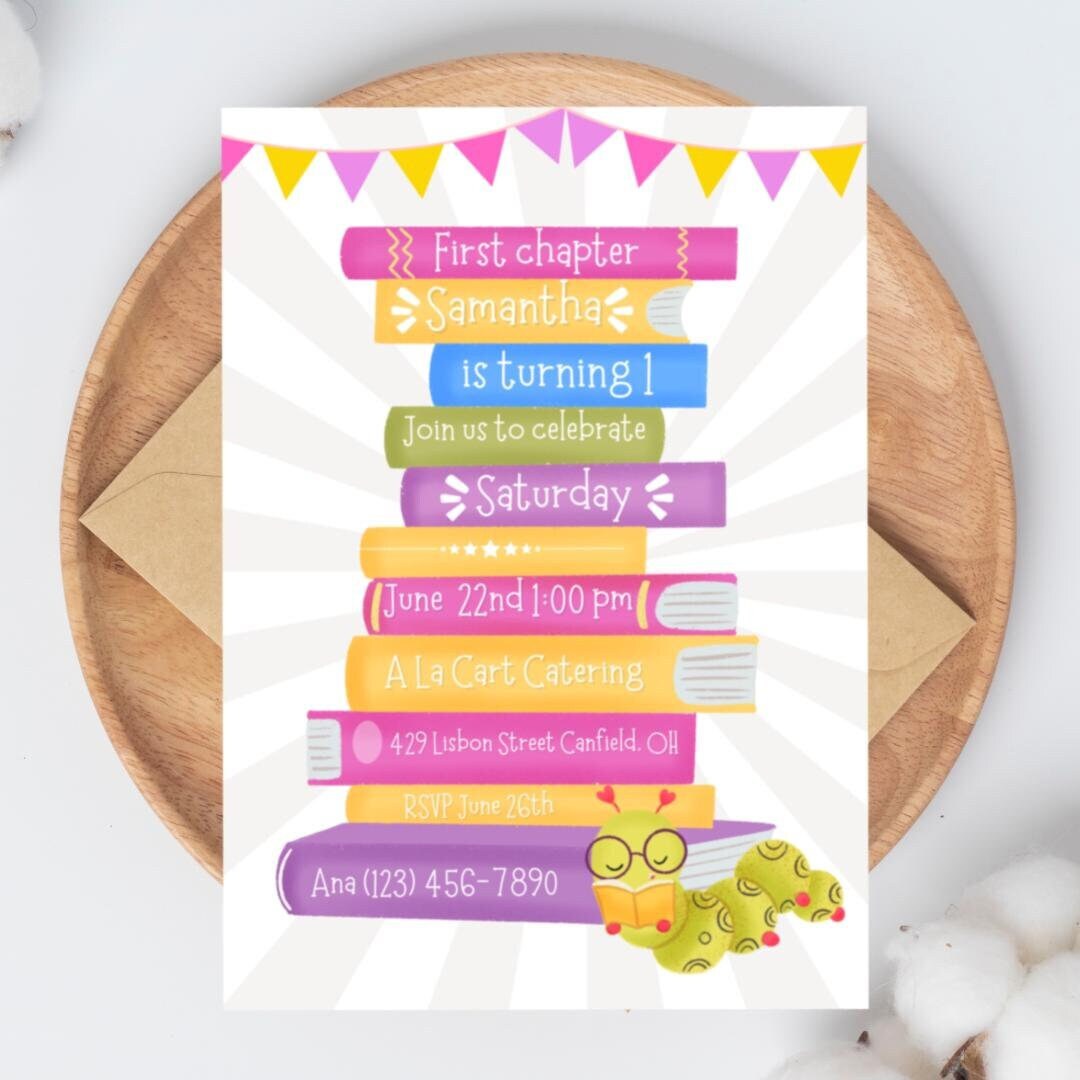 Books Library Birthday Invitation Reading Party Invite Girl Book Worm ...